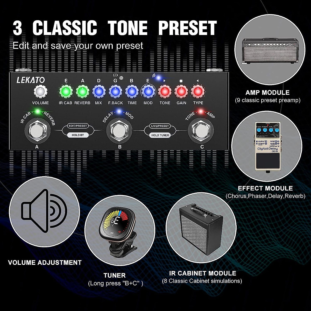 LEKATO Multi Effects Guitar Pedal, with IR Loading 9 AMP Models, Delay Reverb Distortion Overdrive Pedal, Rechargable Electric Guitar Effects Multi Pedal Support Recording,Bluetooth 5.0