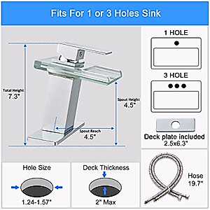 ROVOGO Led Faucet for Bathroom Sink, No Battery Needed Led Faucet Light Color Changing Glass Spout, Single Handle Waterfall Faucet with Deck Plate for 1-Hole or 3-Hole Bathroom Sink, Chrome
