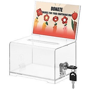 KYODOLED Clear Donation Box with Lock,Ballot Box with Sign Holder,Suggestion Box Storage Container for Voting, Raffle Box,Tip Jar 6.2" x 4.6" x 4.0"
