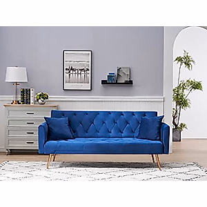 Eafurn Comfy Velvet Upholstered Futon Foldable Daybed Bed for Sleep Overs, Convertible Sleeper Loveseat with 2 Pillows, 71" Tufted Sofa & Couches with Golden Metal Legs for Compact Living Space, Blue