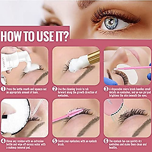 250ml/8.45fl.oz Eyelash Extension Cleanser Lash Shampoo Mini USB Portable Lash Fan Eyelid Shampoo Brush Eye Gel Pads Wash Bottle Mascara Brush Microbrush Makeup Remover Pad,Gentle Oil Free (Rose)