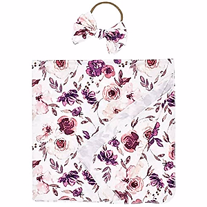 Baby Swaddle Blanket Newborn Girl Swaddle and Headband Set Purple Flowers Floral Print Wrap Shower Gift