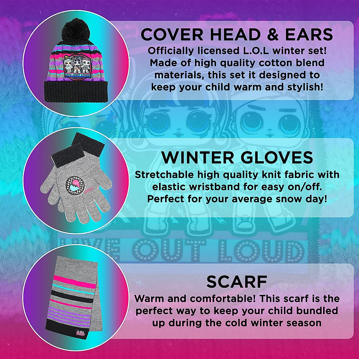 L.O.L Surprise! Girls and Toddler Winter Hat and Glove Set, Kids Winter Hat with Scarf and Toddler Hat and Glove Set