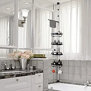 Hoomtaook Shower Caddy Tension Pole 4-Tier Corner Shower Shelves Rustproof Bathroom Shower Organizer Bathtub Tension Pole Shower Caddy, Shower Rack for Inside Shower, 37-120 Inch, Black