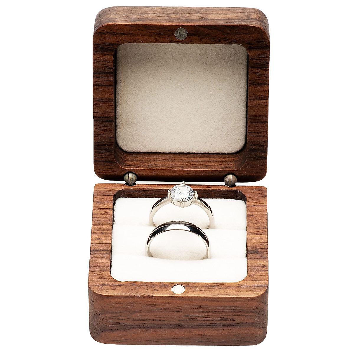 COSISO Square Solid Wood Double Ring Box Case for Wedding Ceremony Engagement Proposal,Wooden Ring Holder for 2 Rings (Beige Inner)