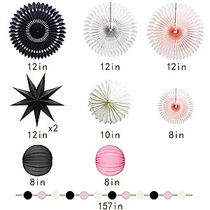Pink Black White Party Decorations for Girls Women Minnie Mouse First Birthday Decoration Wedding Bridal Baby Shower Hanging Tissue Paper Fans Circle Garland Paper Lanterns