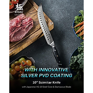 KYOKU 10" Scimitar Knife, Gin Series Cimitar Breaking Knife with Silver PVD Coating Damascus Blade, Japanese VG10 Stainless Steel Butcher Knife, Full Tang Brisket Kitchen Knife with Sheath & Case