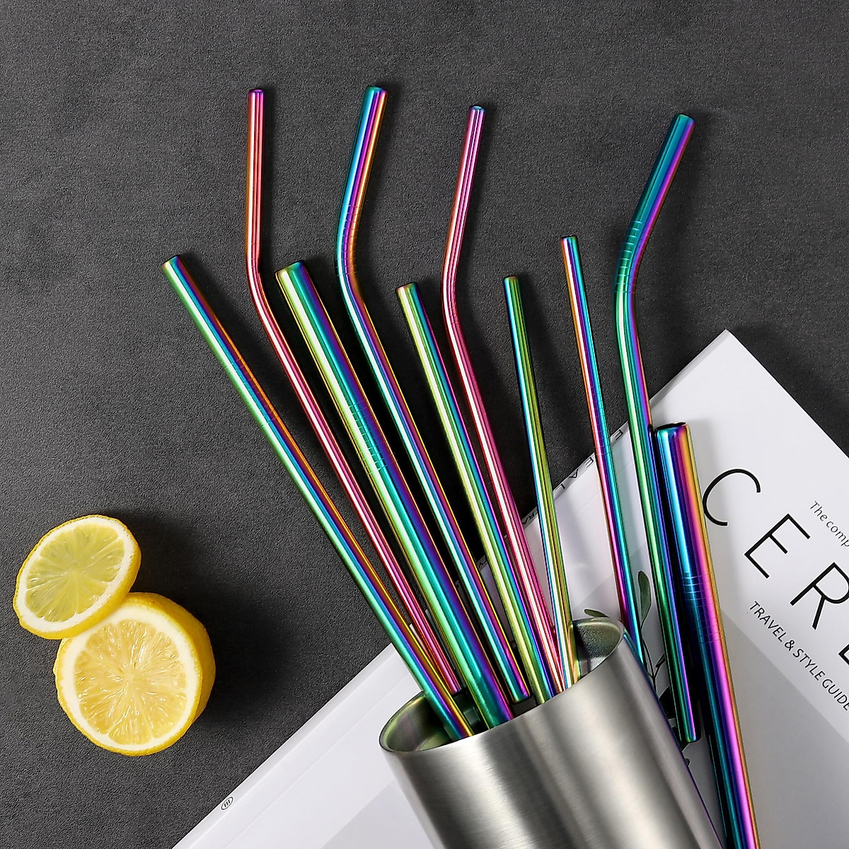 Vzaahu 12-Pack Reusable Stainless Steel Rainbow Metal Straws with Case and Brush - Eco Friendly Long Drinking Straws for 20 24 30oz Yeti Tumblers Mason Jar Dishwasher Safe