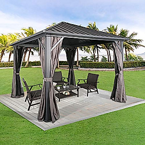 Peak Home Furnishings 10Ft x 10Ft Patio Hardtop Gazebo Outdoor Aluminum Pergola with Galvanized Steel Roof Canopy, Polyester Curtain and Mosquito Net