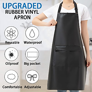 RUIFYRAY Black Vinyl Leather Apron with Pockets for Women, Waterproof for Kitchen, Cooking, Dishwashing, Dog Grooming