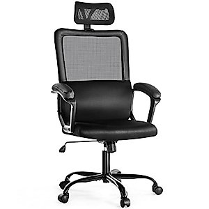 Home Office Chair Ergonomic Computer Desk Chair Mesh High Back Adjustable Height Executive Task Chair with Lumbar Support, Headrest, Padded Armrest, 360° Swivel Rocking Function,Black