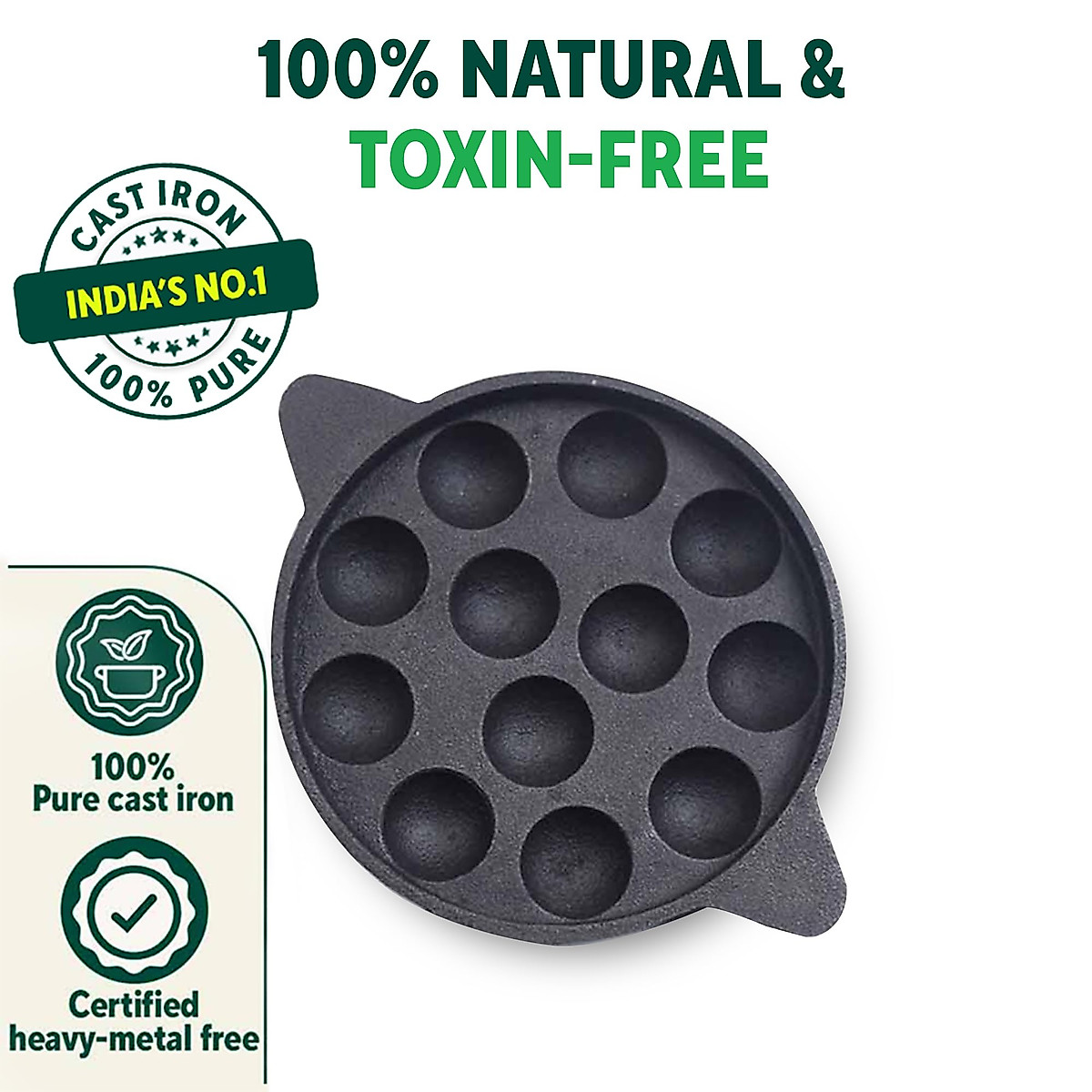 The Indus Valley Pre-Seasoned Cast Iron Paniyaram Pan (12 Pits - Twin Handle),Black