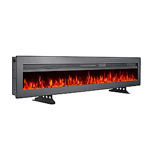 GMHome 60 Inches Wall Recessed Electric Fireplace 9 Changeable Color Realistic Crystal Stone Flame Heater, with Remote, 1500W, Metal Panel - Black