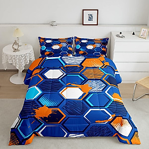 Honeycomb Kids Comforter Set Twin Size,Geometric Hexagon Patchwork Bedding Set,Girls Boys Adults Room Decor,Modern Fashion Down Comforter,Blue Orange Bright ​Duvet Insert,1 Pillowcase