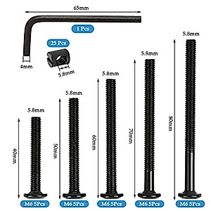 Baby Bed Crib Screws Hardware Replacement Kit, QLOUNI 50Pcs Hex Drive Socket Cap Screws, M6x40mm/ 50mm/ 60mm/ 70mm/ 80mm Barrel Nuts Assortment Kit for Beds Headboards Chairs Furniture (Black)