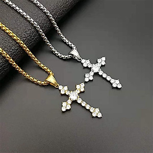 Ropartman Silver Cross Necklace for Women, [ 5A Cubic Zirconia ] 14K Gold Plated Stainless Steel Cross Pendant for Women, 19" necklace included