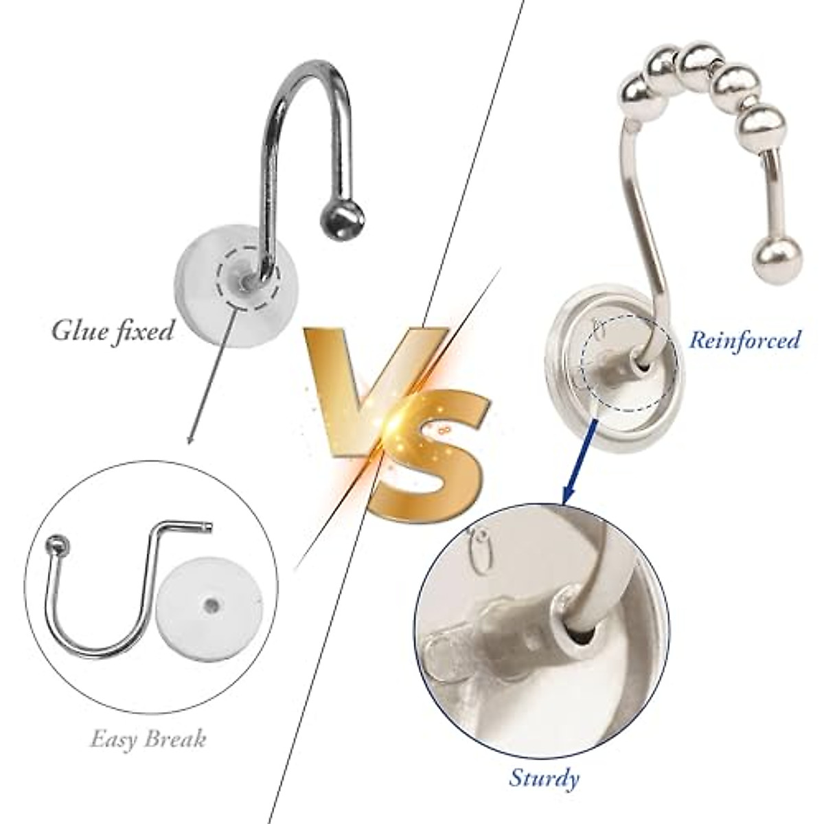 Dexspoeny 12PCS Polished Nickel Shower Curtain Hook, Zinc Alloy Shower Curtain Rings Easy Glide Hook for Bathroom Shower Rods, Curtain Liner Rust Proof Decorative Curtain Hook