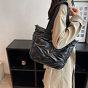 JQWYGB Puffer Tote Bag for Women - Large Puffy Tote Bag Purse Soft Padded Cotton Quilted Handbags Shoulder Crossbody Bags (Black)