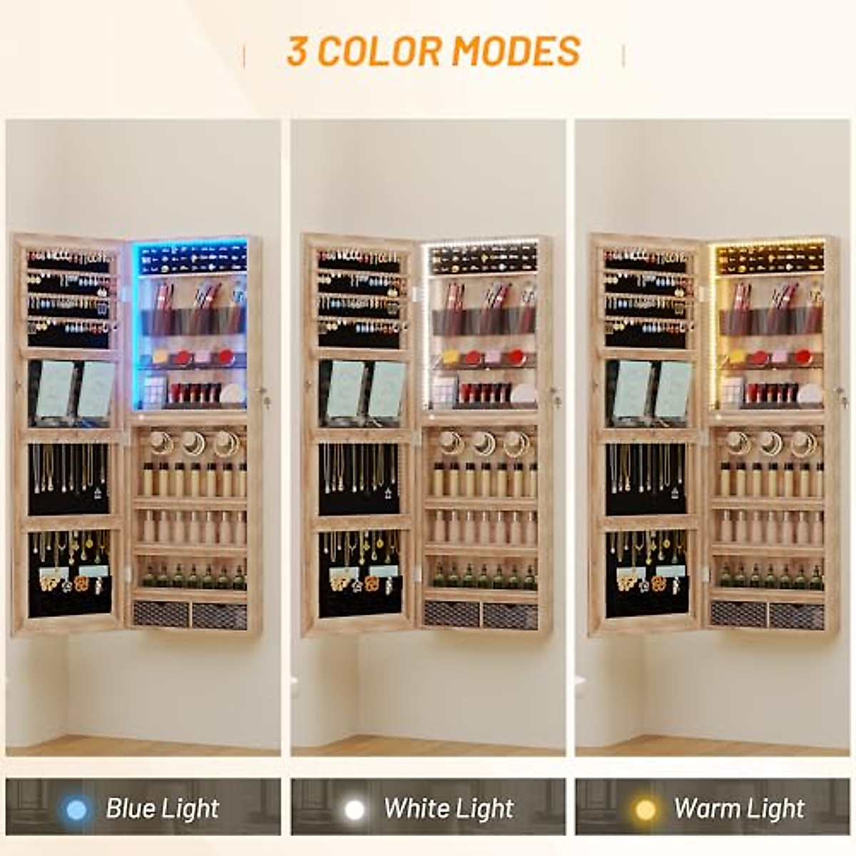 LVSOMT Wall Mount Mirror Jewelry Cabinet with LED Lights, Hanging/Over the Door Jewelry Organizer, Lockable Jewelry Armoire Mirror, Full Length Mirror with Jewelry Storage, Brown