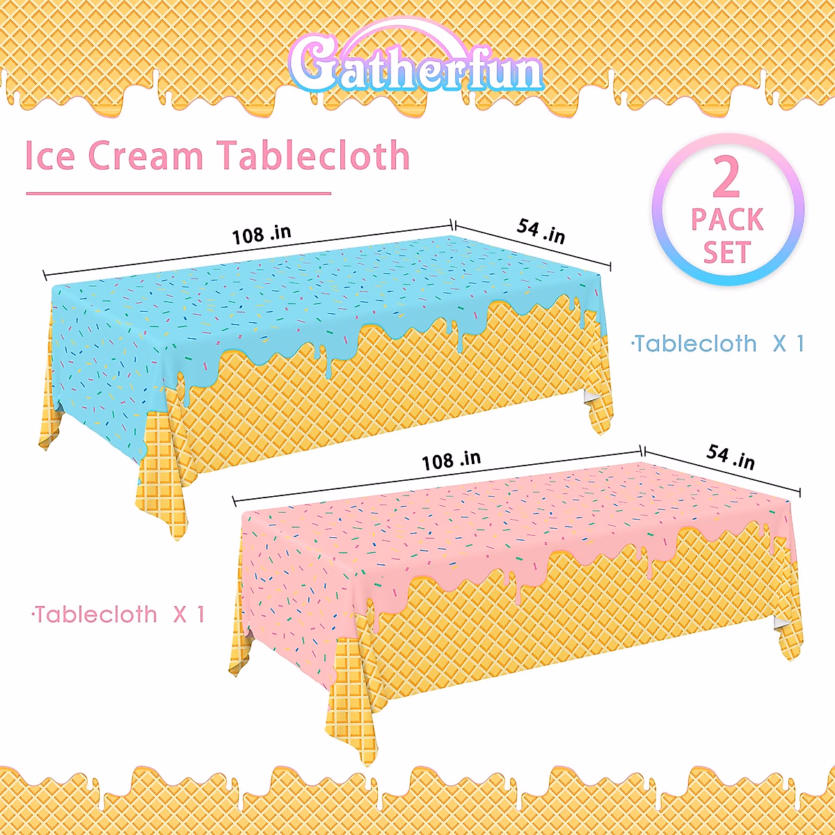 Gatherfun Ice Cream Party Supplies: 2-Pack Ice Cream Birthday Party Decorations,Disposable Plastic Tablecloth, Ideal Table Cover for Kids & Girls Birthday, Baby Shower & Themed Parties, 54 x 108 Inch