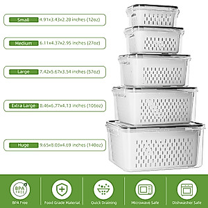 KEMETHY 5 Pack Fruit Storage Containers for Fridge with Removable Colanders - Food Storage Containers with Lids, BPA-Free Produce Containers Keep Fruits, Vegetables, Berry, Meat Fresh Longer