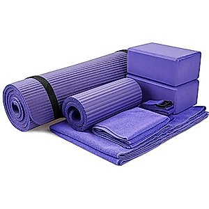BalanceFrom 7-Piece Set - Include Yoga Mat with Carrying Strap, 2 Yoga Blocks, Yoga Mat Towel, Yoga Hand Towel, Yoga Strap and Yoga Knee Pad (Purple, 1/2"-Thick Mat)