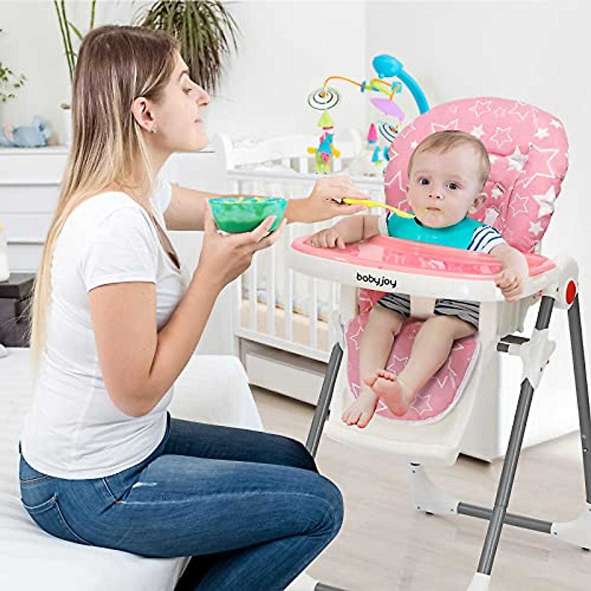 BABY JOY Folding High Chair for Babies & Toddlers, Infant Dining Chair w/Removable Dishwasher Safe Tray, 5-Point Safety Belt, Wheels, Detachable Cushion, Adjustable Backrest Footrest & Height (Pink)