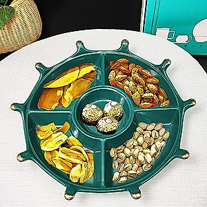 YA JU Ceramics Candy and Nut Serving Container, Appetizer Tray with Lid, 5 Compartment Round Ceramics Food Platters Divided Dish Platter, 13.8-Inch Best Gift for Christmas, Birthday and Marriage