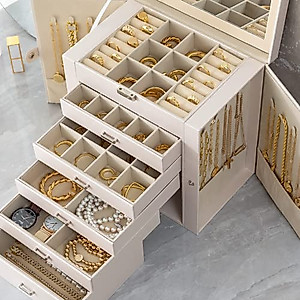 Large Jewelry Box Organizer Mirrored for Women 6 Layers Jewelery Orgainise Boxes with PU Leather,Tall White Black Jewellery Organize for Gift