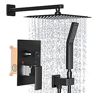 Brightify Shower Faucet Set, 10" Black Rain Shower Head Ceiling Mount with Handheld Spray, High Pressure Bathroom Mixer Shower Set Wall Mounted Shower System Rough-in Valve and Trim Kit