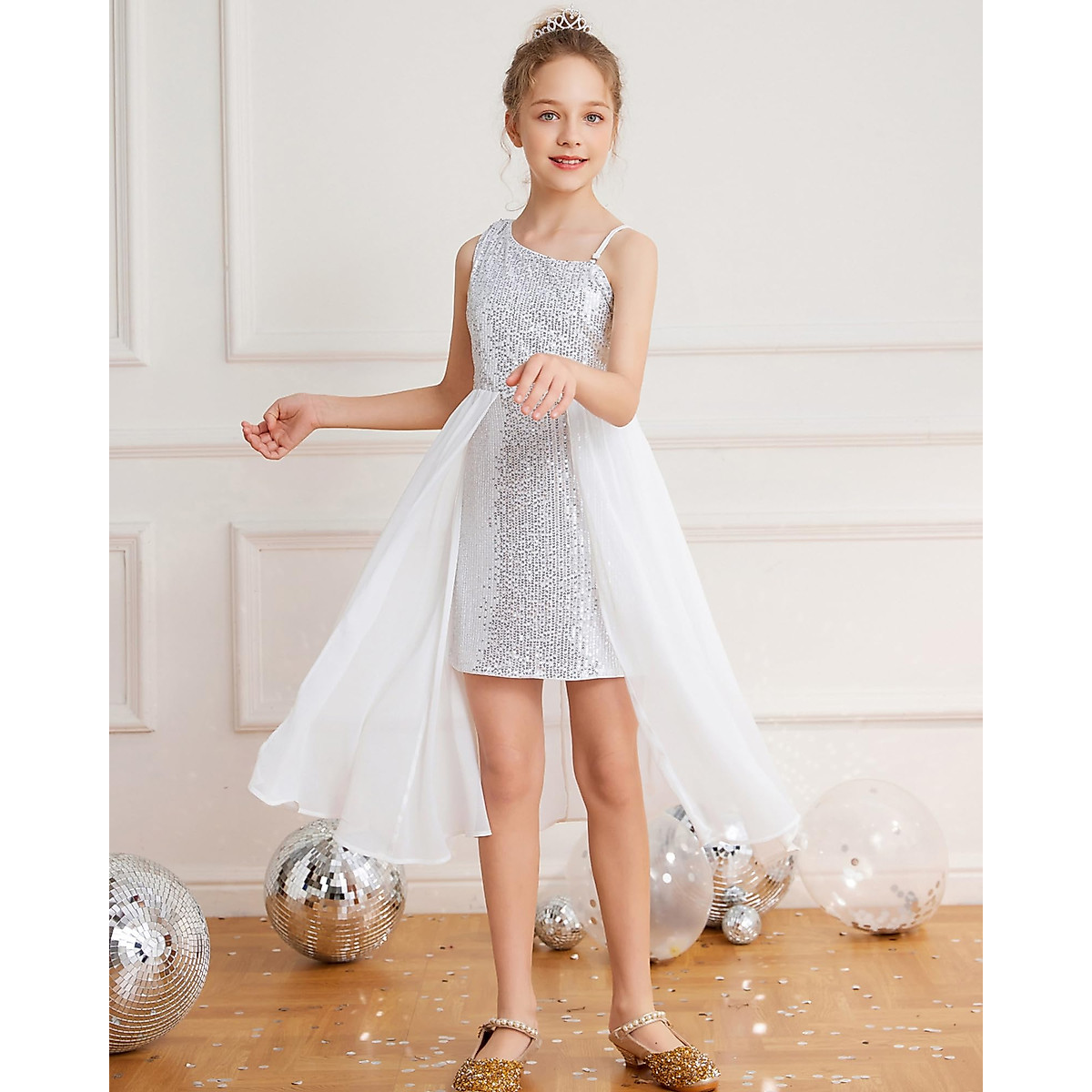 GRACE KARIN Girls Sequin Dress Sliver Pageant Dresses for Girls 6-7 Birthday Party Dresses