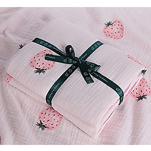 47x59 Extra Large 6 Layer 100% Organic Cotton Super Soft Warm Muslin Baby Swaddle Bed Blanket for Girls Infant Newborn Natural White Color Light Pink Strawberry Fruit Lovely Print Bedding Thick Winter