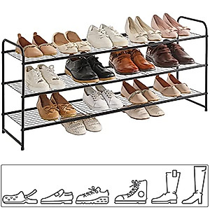 YMYNY Freestanding Shoe Racks, 3 Tiers Stackable & Adjustable Shoe Storage Shelf, Extra Large Capacity Shoe Organizer Stand for 20-24 Pairs, for Entryway, Closet, Bedroom, Black, 42.9" L, UHXJ302B