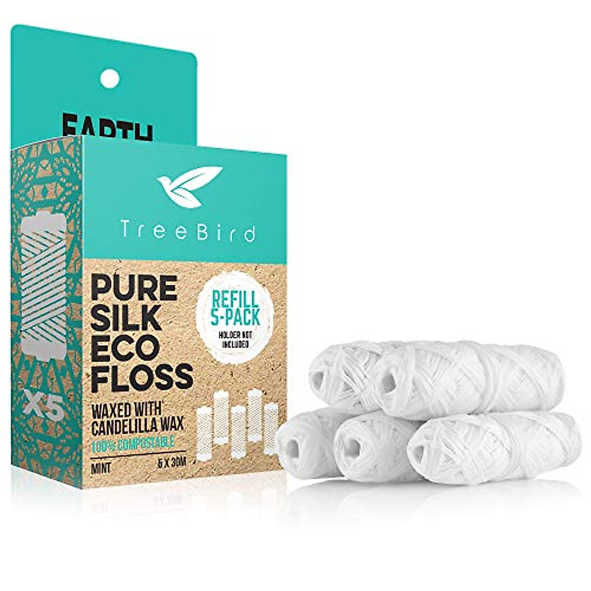 Compostable Dental Floss Refills | Pack of 5 x 33yds Organic Peace Silk Spools | For a Refillable Glass & Stainless Steel Holder | Waxed With Natural Candelilla Wax | Flavored With Mint Essential Oils