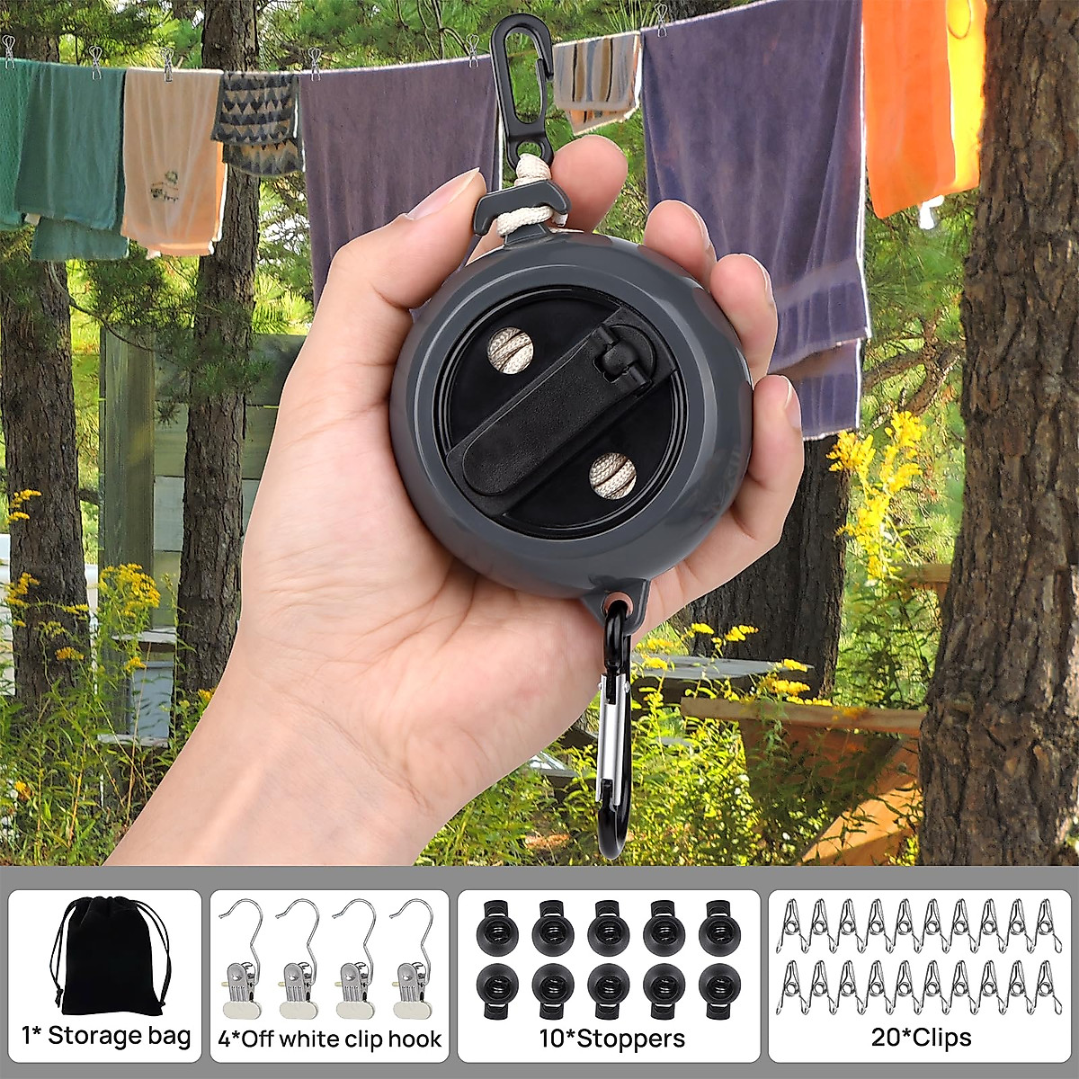 Zmains Retractable Clothesline Outdoor, Adjustable 32.8ft Travel Clothesline Portable Clothesline for Outdoor/Indoor Laundry Rope with 10pcs Stoppers 20pcs Windproof Clothespins 4pcs Hooks