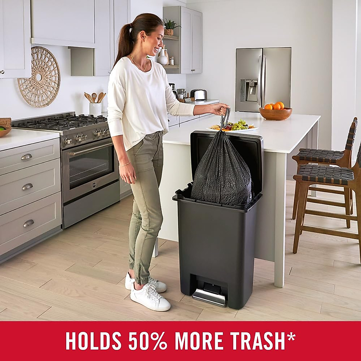 Rubbermaid Premier High-Capacity Step-On Trash Can, 19 Gallon, Single or Dual Stream Trash or Recycling, Charcoal, Stainless-Steel Rim, Lid Lock, Quiet Lid, for Home/Kitchen/Garage/Apartment/Office