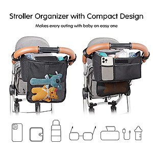LUFFCABO Multifunctional Stroller Caddy Organizer With Cup Holder And Adjustable Straps, Universal Stroller Attachment With Stroller Cup Holder Supplying Stroller Storage (Large/Carbon Black)