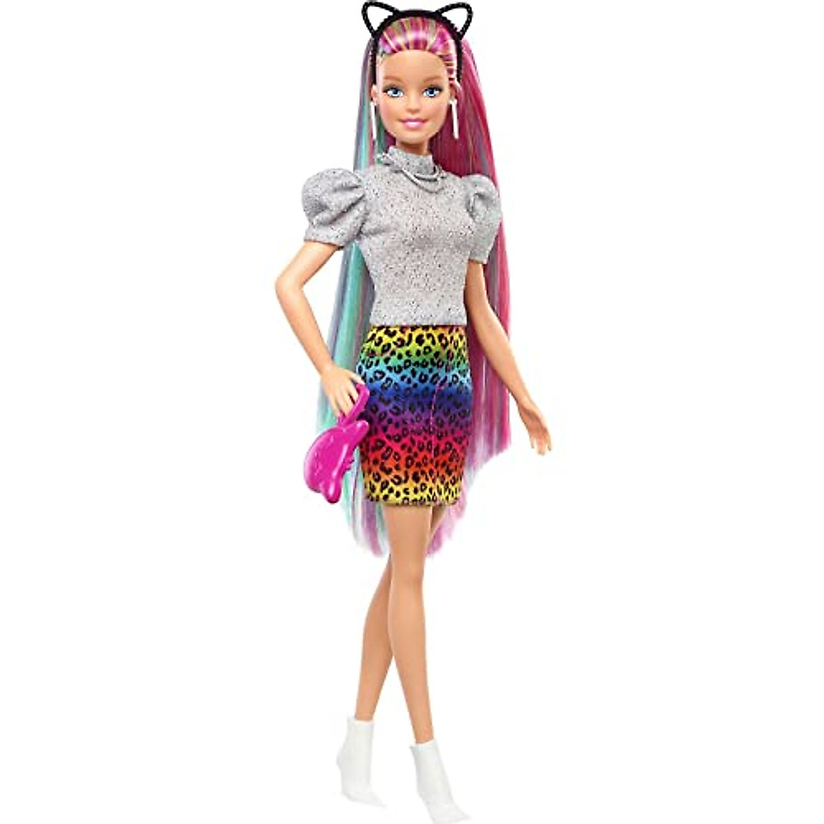 Barbie Doll Leopard Rainbow Hair with Color-Change Highlights & 16 Styling Accessories Including Clothes, Scrunchies, Brush & More