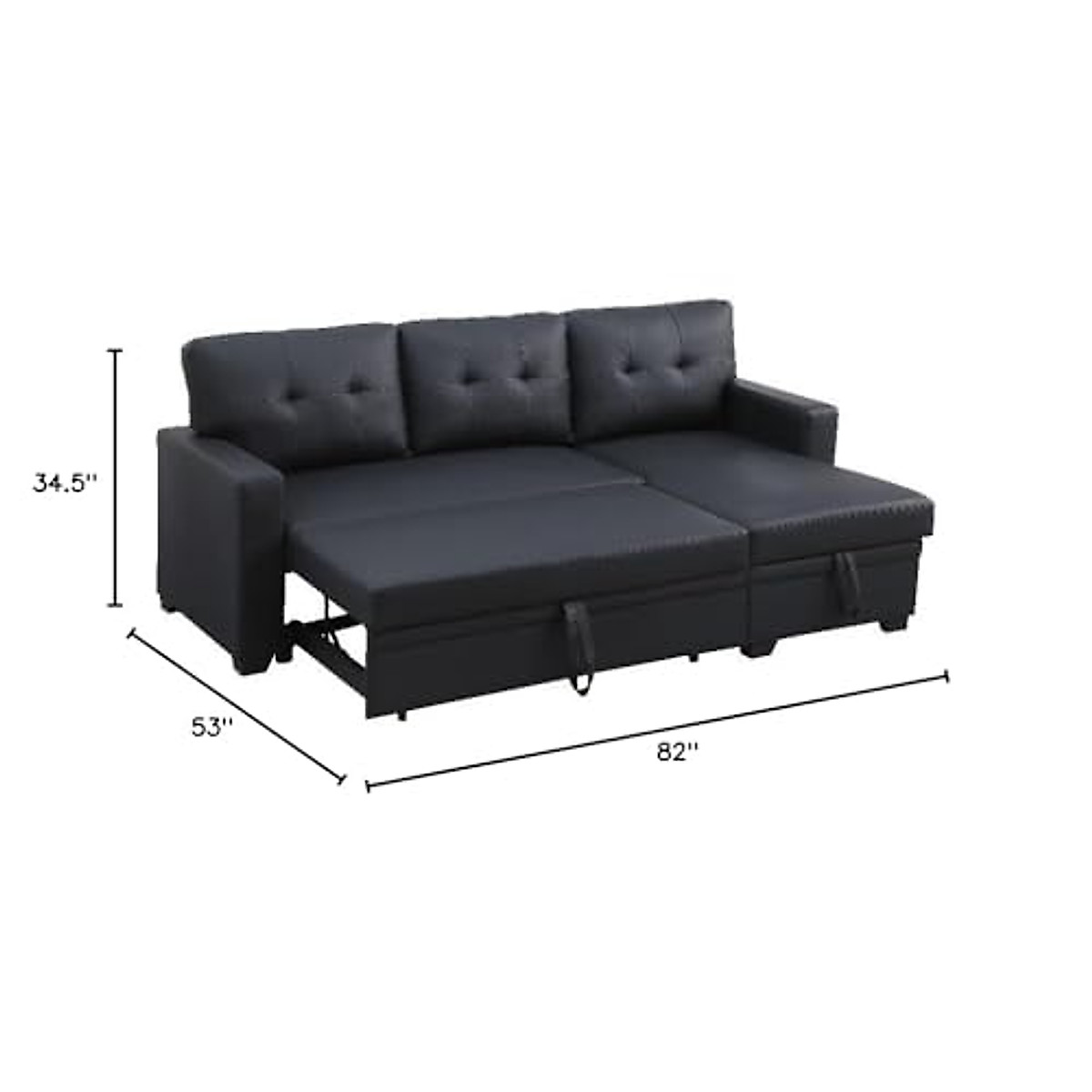 Pemberly Row Faux Leather Reversible Sleeper Sectional Sofa in Black
