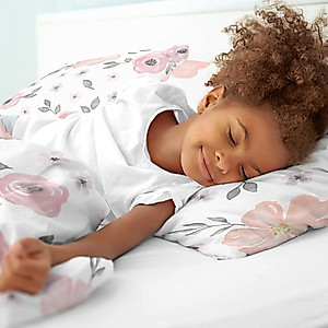 Sweet Jojo Designs Blush Pink, Grey and White Shabby Chic Watercolor Floral Girl Full/Queen Kid Childrens Bedding Comforter Set 3 Pieces - Rose Flower