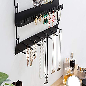 MyGift 4-Tier Wall Mounted Black Metal Hanging Jewelry Organizer with 18 Hooks, Earring Holder and Necklace, Bracelet Display Rack
