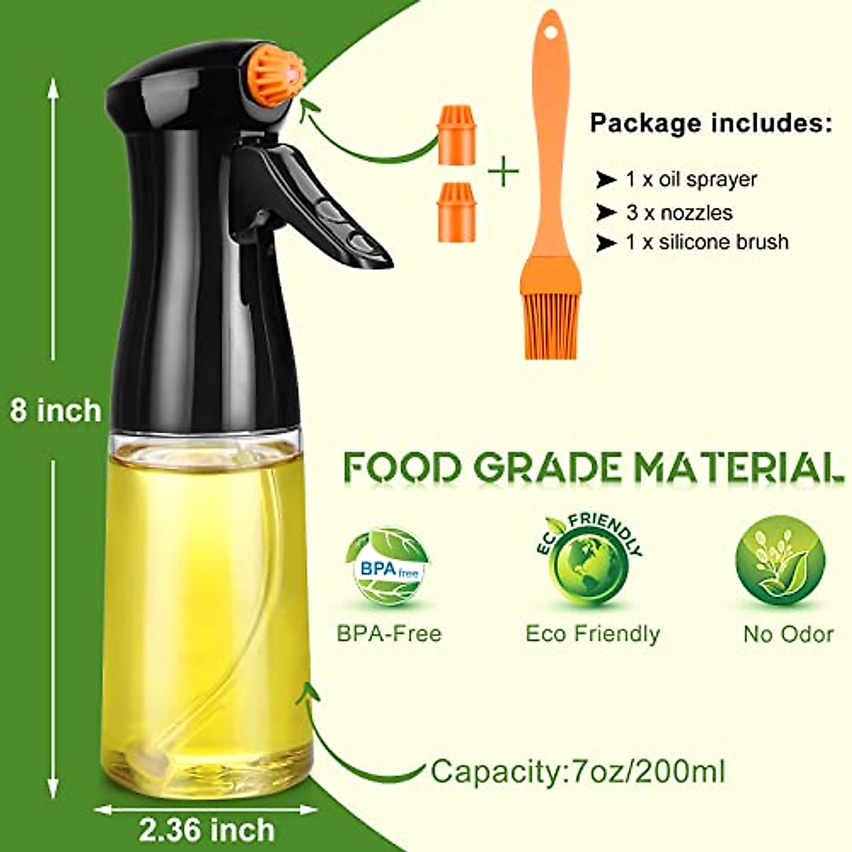 Oil Sprayer for Cooking, Upgraded Olive Oil Sprayer Bottle, Air Fryer Accessories, Oil Mister for Air Fryer, 7oz/200ml Oil Vinegar Spritzer, Kitchen Gadgets for Salad, BBQ, Roasting (Black)