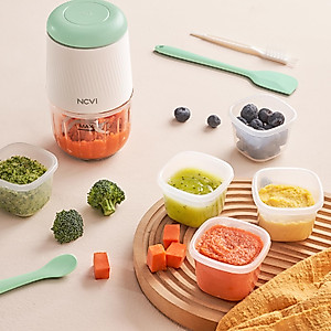 NCVI Puree Baby Food Processor Glass Set, Mini Infant Food Maker Blender Machine with 8 Blades and Grinding Disc, Small Blender Including Food Containers, Silicone Tray and Tableware, Green