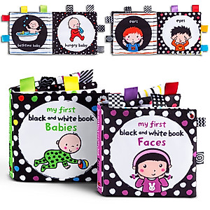 Soft Cloth Books Baby Books-2Pack for Infant Toddler Kids, Colorful High Contrast, Crinkle Washable Chewable Non-Toxic Early Educational Bath Books, Babies & Faces & Out Going Themes, Giftable