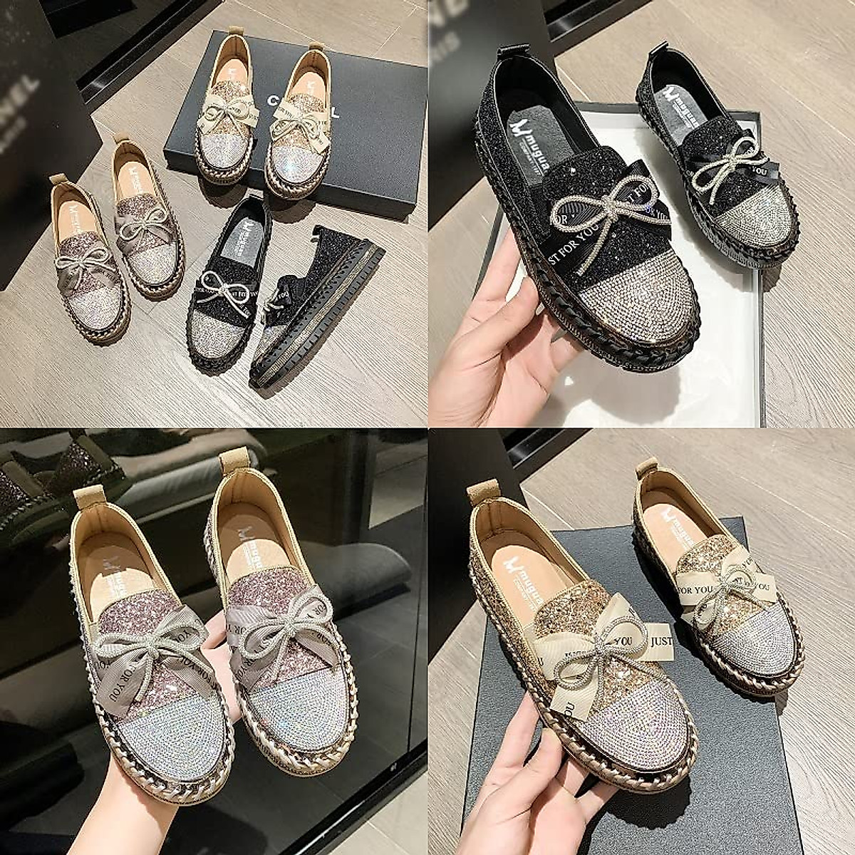 KCTRFSJ Women's Rhinestones Glitter Bow Platform Sneaker,Handmade Flat Casual Slip On Loafers,Comfort Low Top Walking Shoes (Pink,6,6)