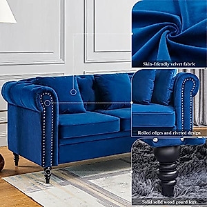 kinmars Chesterfield Sofa Velvet,3 Seater Couch Furniture,Couches for Living Room with Deep Button Tufting,Large Sofa with Rolled Arms (Blue)