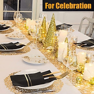 Roshtia 50 Pack Dinner Napkins Disposable Linen Feel Dinner Napkins with Built-in Flatware Pocket Gold Trim Lined Pre Folded Paper for Wedding Party (Black,Gold)