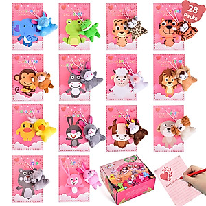 FUN LITTLE TOYS 28 Packs Valentines Mini Plush Toy Set, Cute Stuffed Animal for Kids, Valentine Cards for Students, Classroom