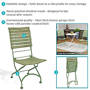 Sunnydaze Cafe Couleur European Chestnut Wooden Folding Bistro Chair - Portable, Compact Side Chair - Indoor or Outdoor Use - Patio, Deck, Balcony, Camping and Spare Seating - Green - Set of 2