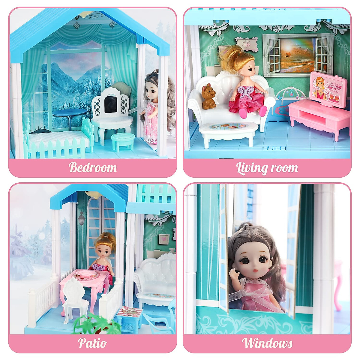 TOY Life Dollhouse - Doll House 4-5 Year Old with Lights - Toddler Girls Doll House 3 Year Old 20" x 19" x 11" with 2 Dolls 3 Princess Doll Dream House Rooms, Furniture & Dollhouse Accessories